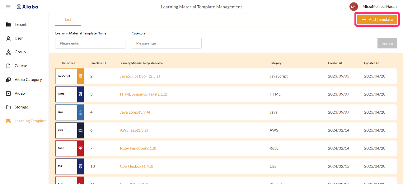 4. Register learning material template