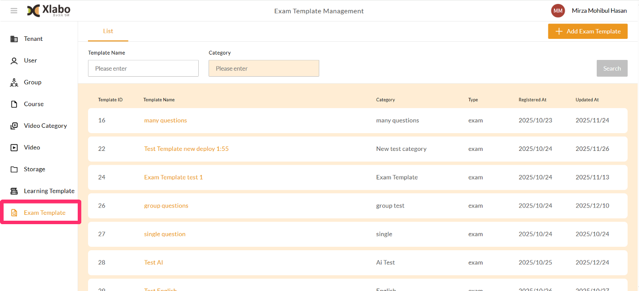 3. Select the Exam Template
