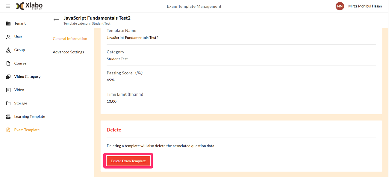 On the confirmation screen, click [Delete] to delete the exam template.